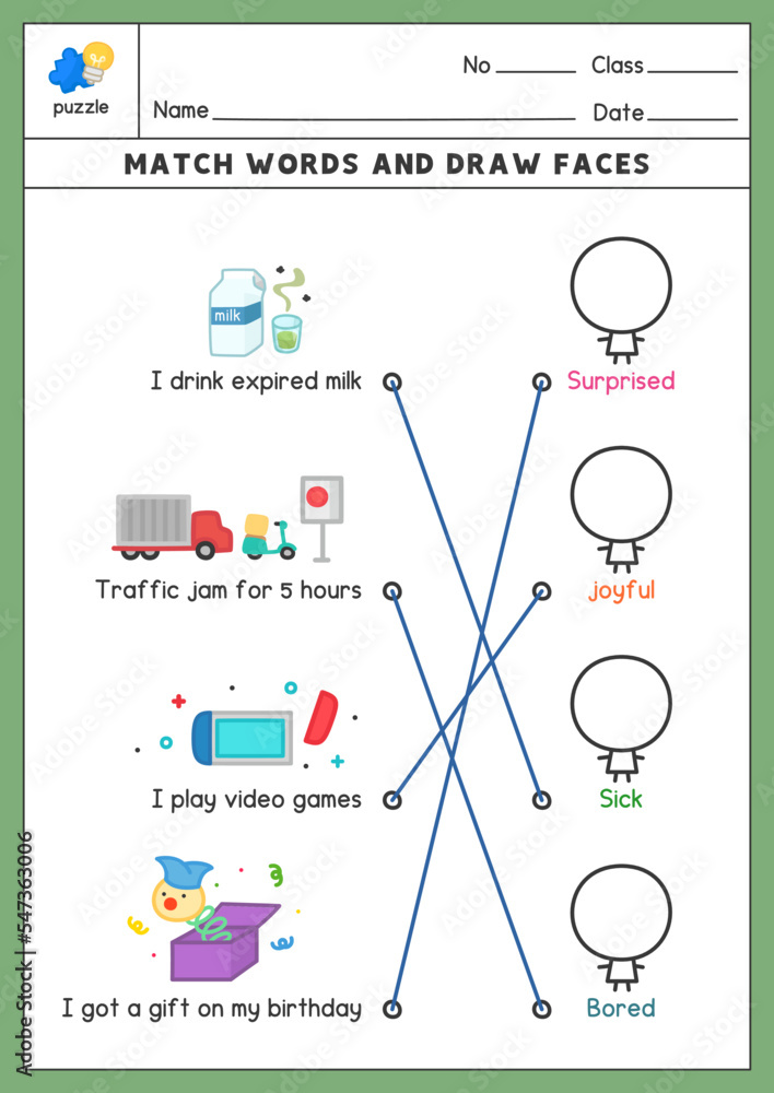 Draw a line matching the words and picture about Feeling Vocabulary exercises sheet kawaii ...