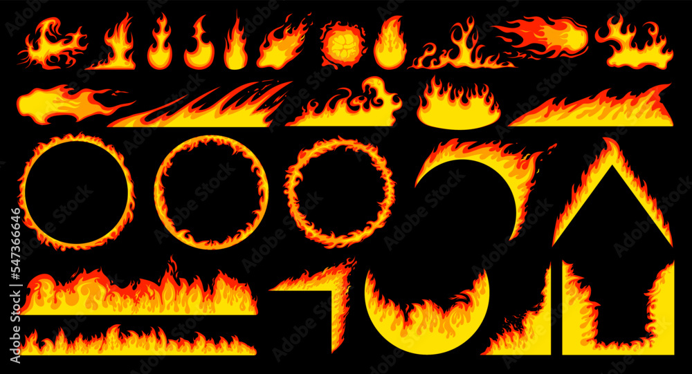Horizontal fire flames, frames of fiery geometric shapes, around a ...