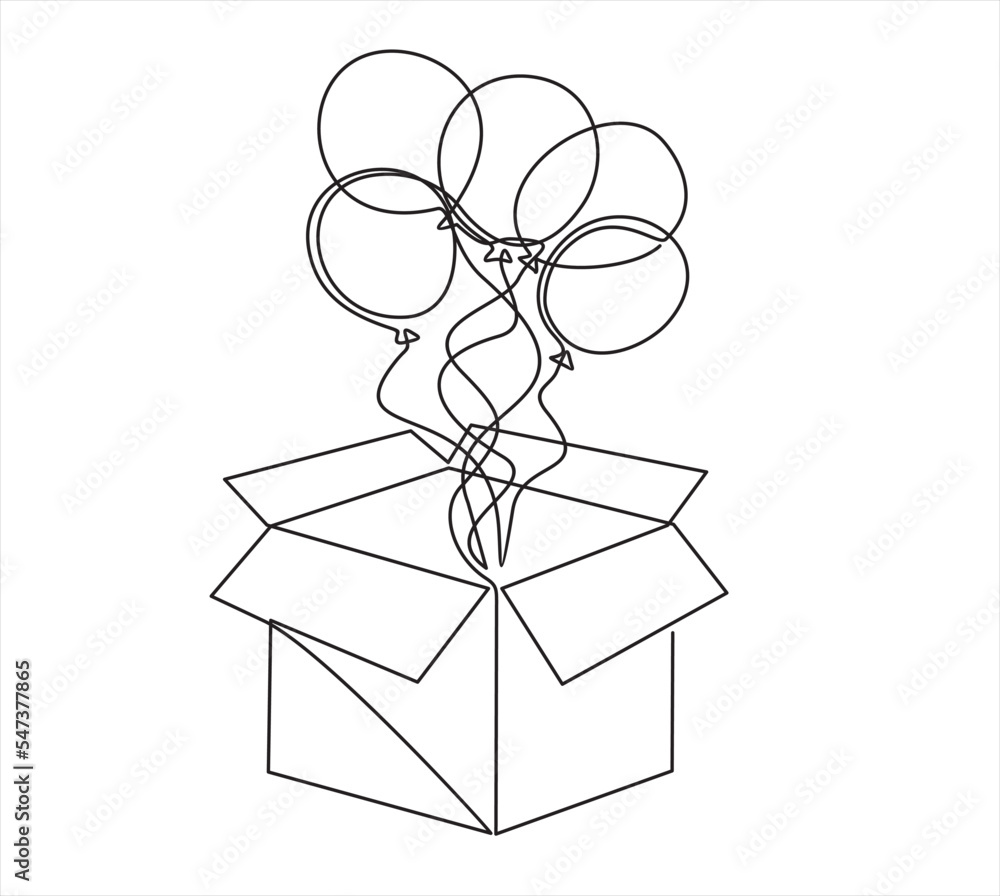 Continuous One line drawing of Birthday Open Gift box and Balloons ...