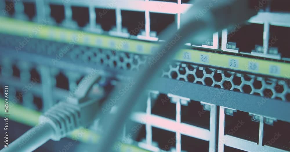 Close up camera pan Network switch ethernet cable in rack cabinet ...