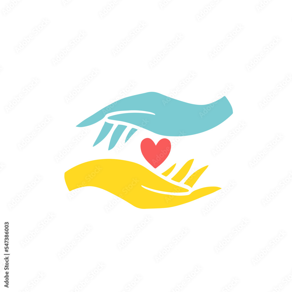Red heart in yellow-blue hands. A symbol of Ukraine's struggle against ...