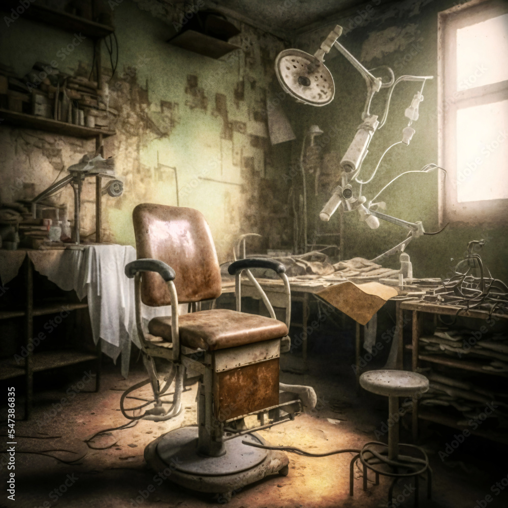 dusty hospital room with chair in a old forgotten clinic, inside a ...