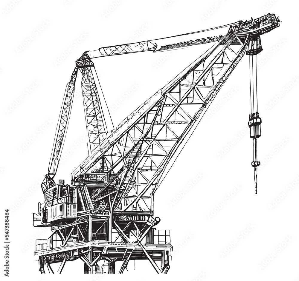 Construction crane hand drawn sketch in engraving style Engineering ...