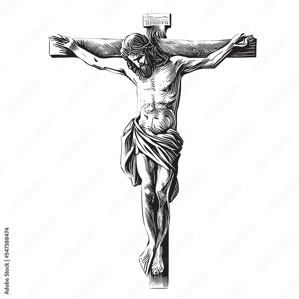 Poster Crucifix cross with jesus sketch hand drawn engraved style religion Vector illus – Wall ...