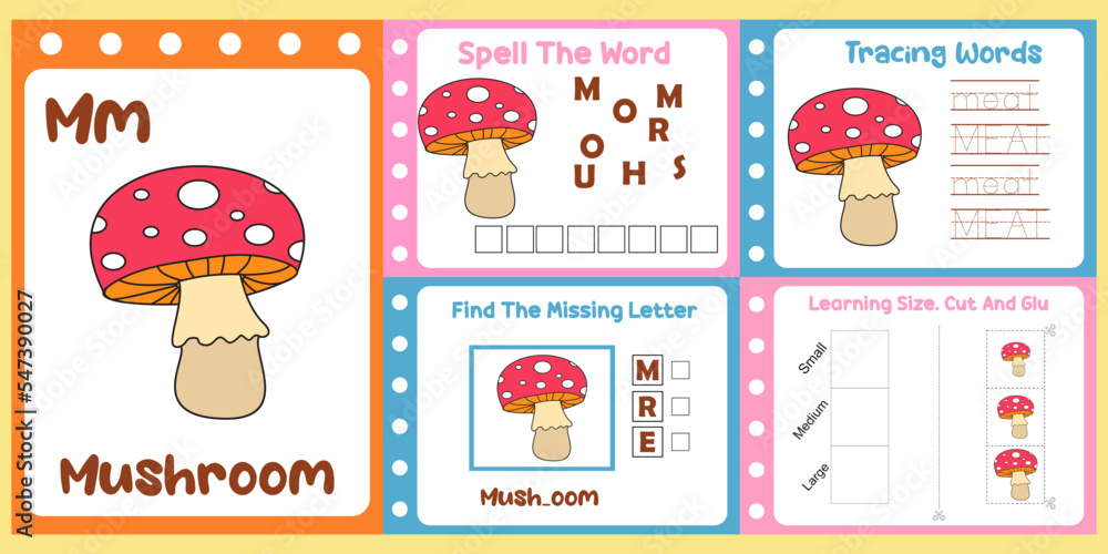 worksheets pack for kids with mushroom. fun learning for children Stock ...