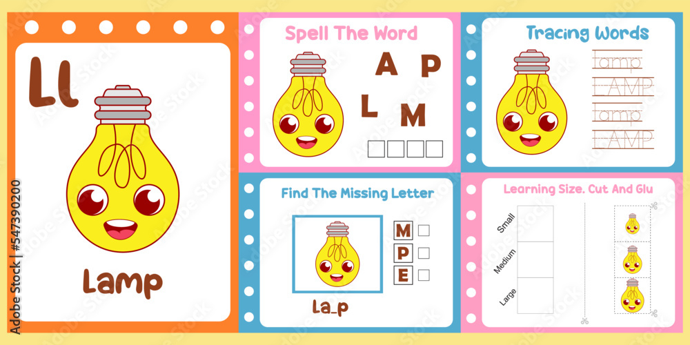 Poster worksheets pack for kids with lamp. fun learning for children ...