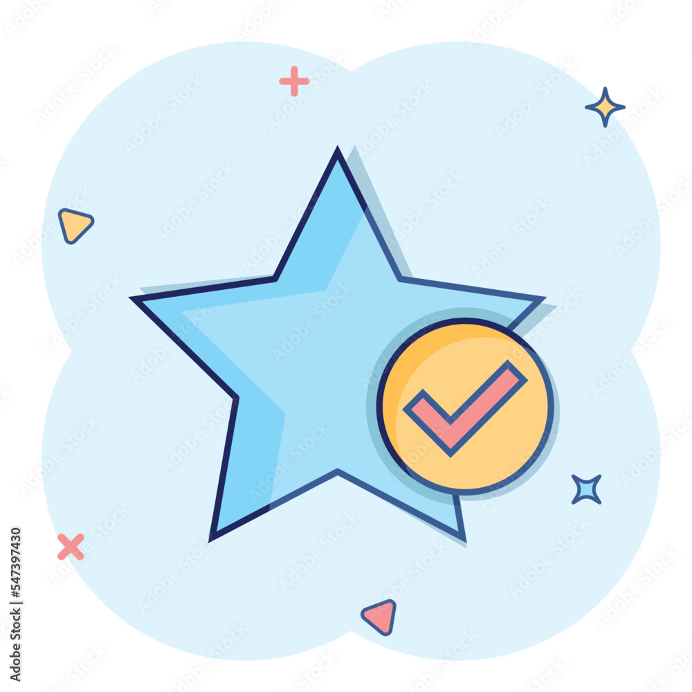 Check mark with star icon in comic style. Add to favorite cartoon ...
