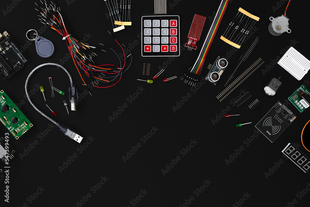 modern technology concept layout. a set of various microcircuits ...