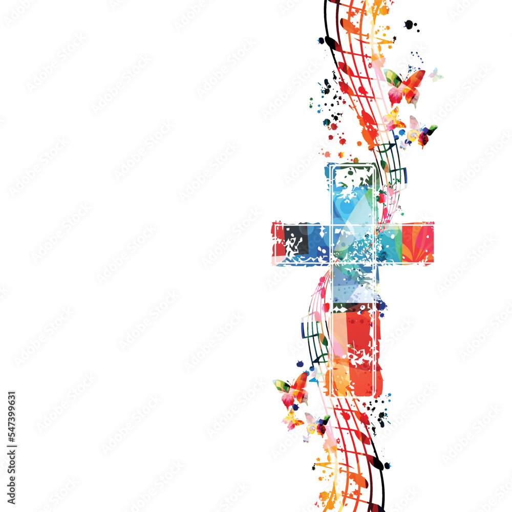 Colorful vibrant Christian cross with musical notes stave isolated ...