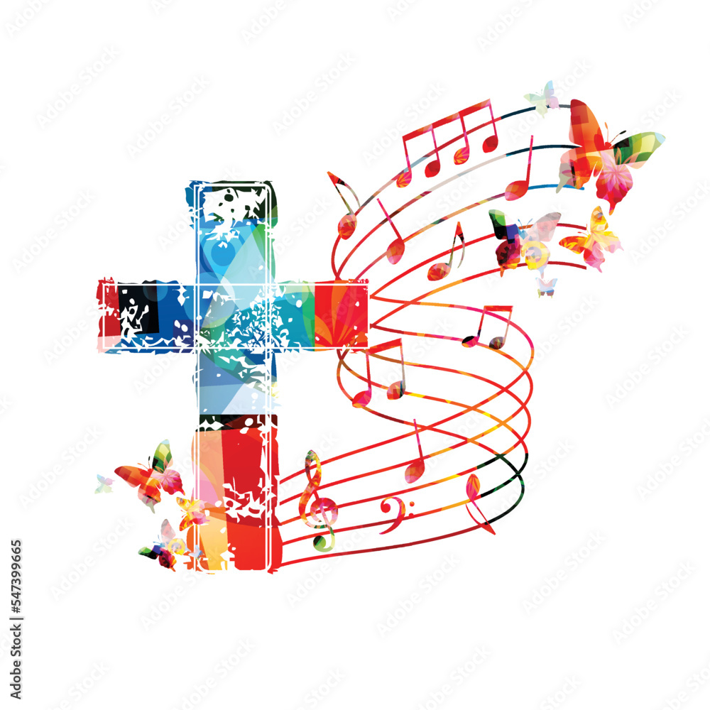 Colorful vibrant Christian cross with musical notes stave isolated ...
