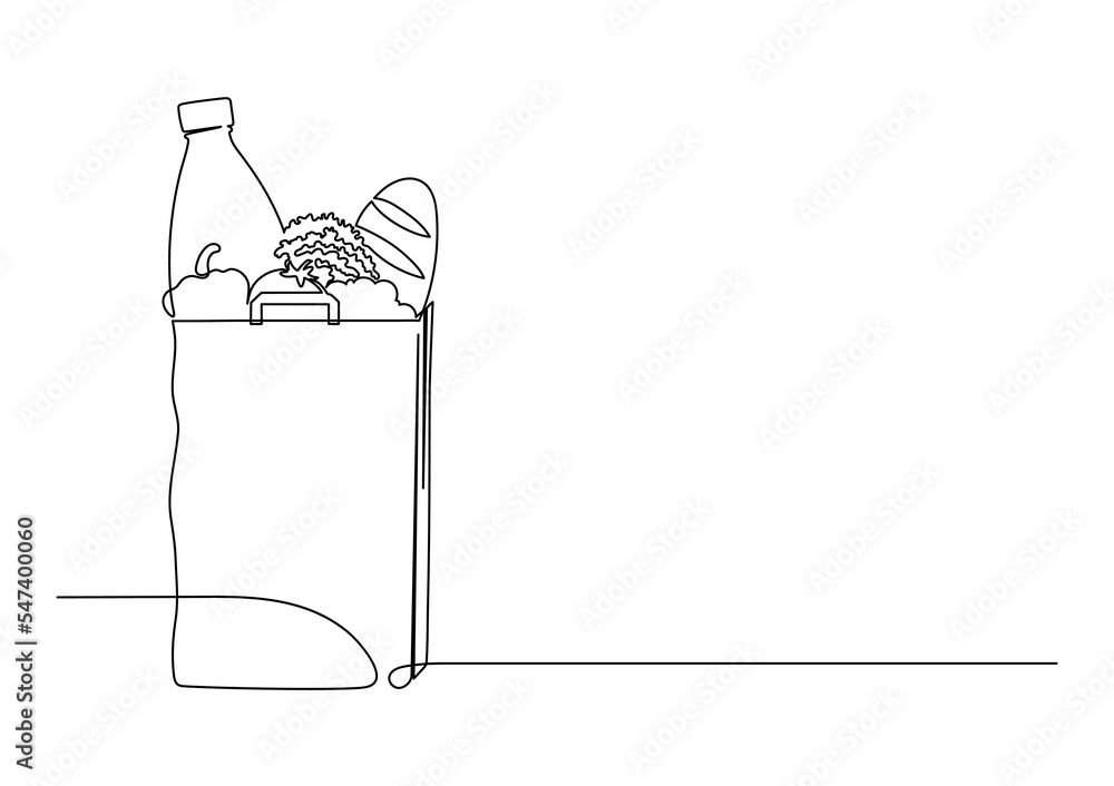 Paper bag full of groceries with food. Continuous line drawing. Grocery ...