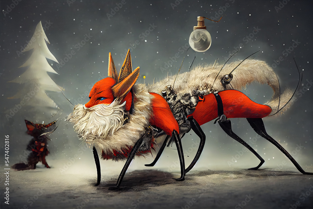 Surrealist santa clause fox cyborg with weird metal parts, spikes, and ...