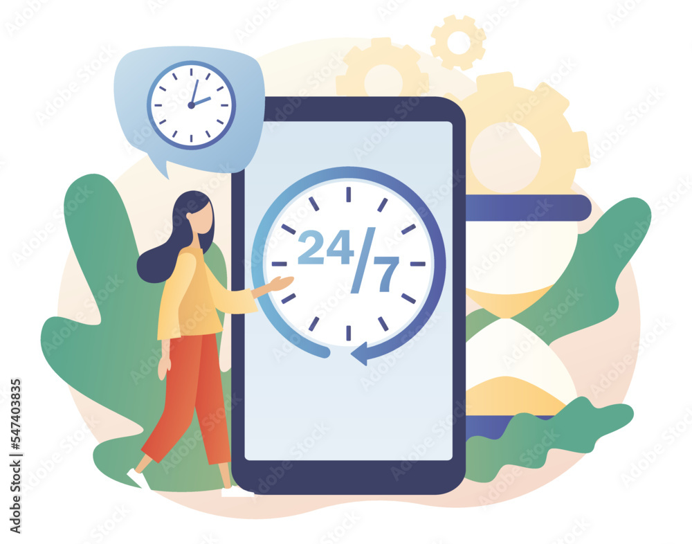 24 hours watch with arrow on smartphone screen. Around clock. 24-7 ...