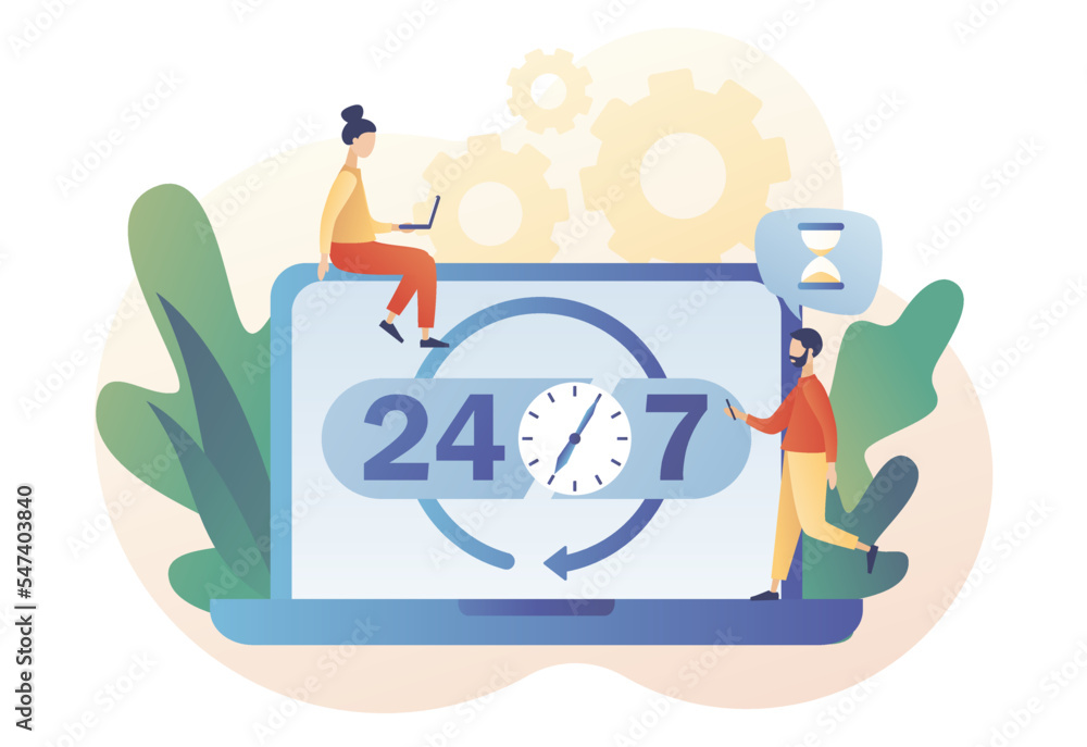 24 hours watch with arrow on laptop screen. Around clock. 24-7 support ...