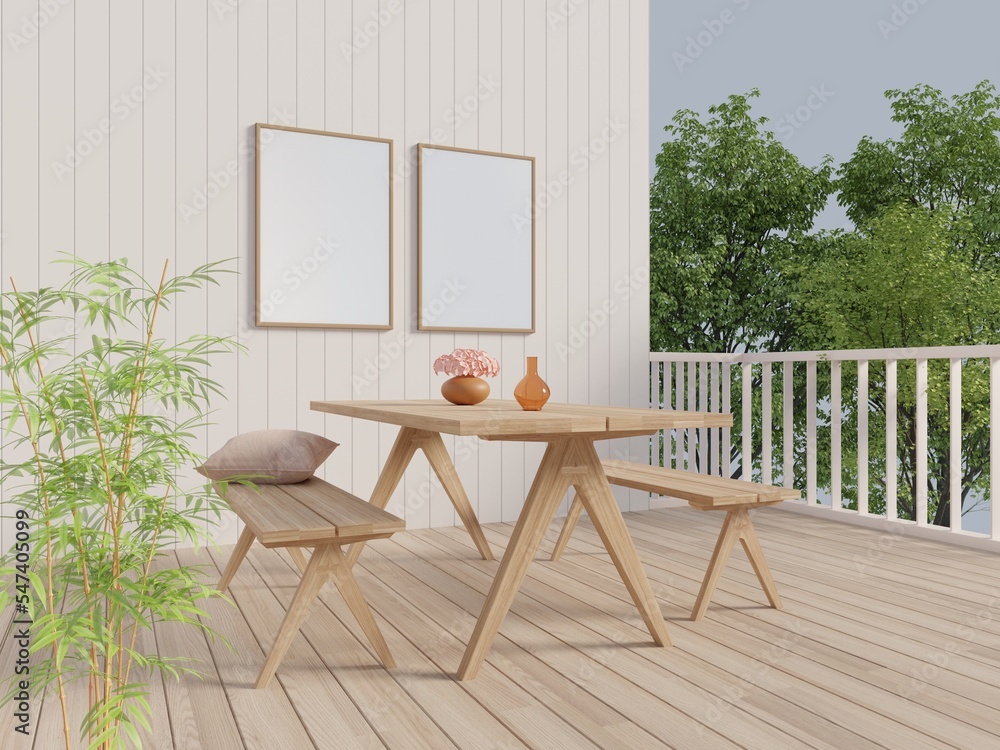 Mock up two picture terrace exterior, white wooden wall and wooden ...