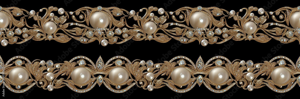 Realistic jewelry border. Beautiful crystals, pearls and gold filigree ...