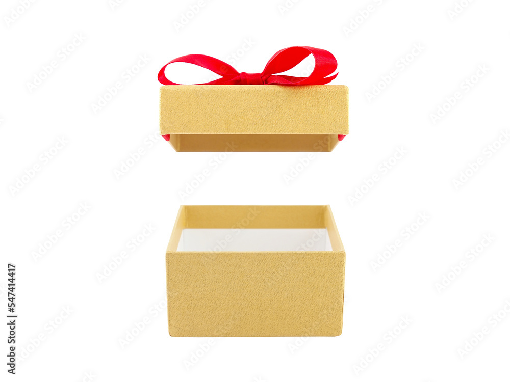 open empty gold gift box with red ribbon bow (lid floating) isolated on ...