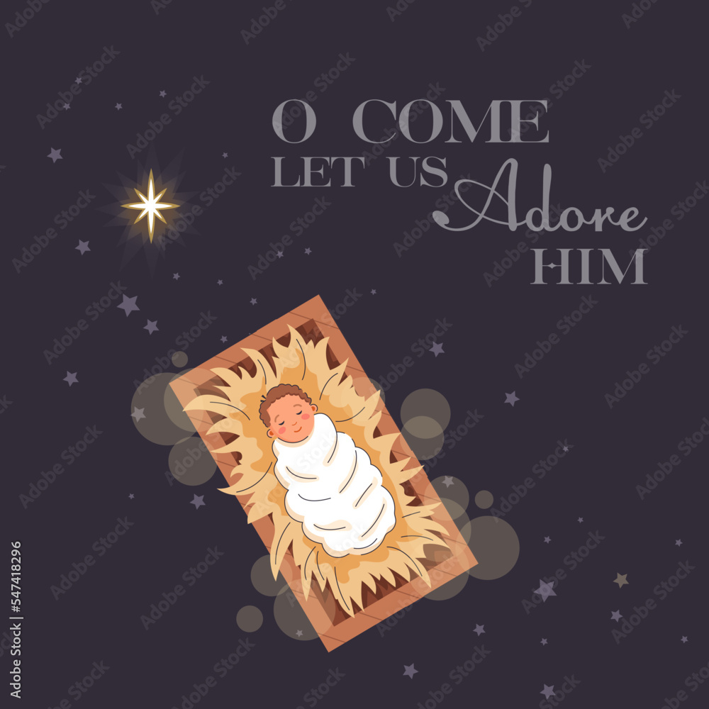 Christmas scene of baby Jesus in the manger at night with big Bethlehem ...