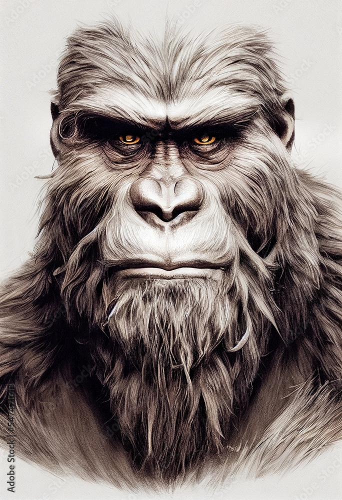 Graphic portrait of yeti. Ape face, mythical bigfoot, sasquatc ...