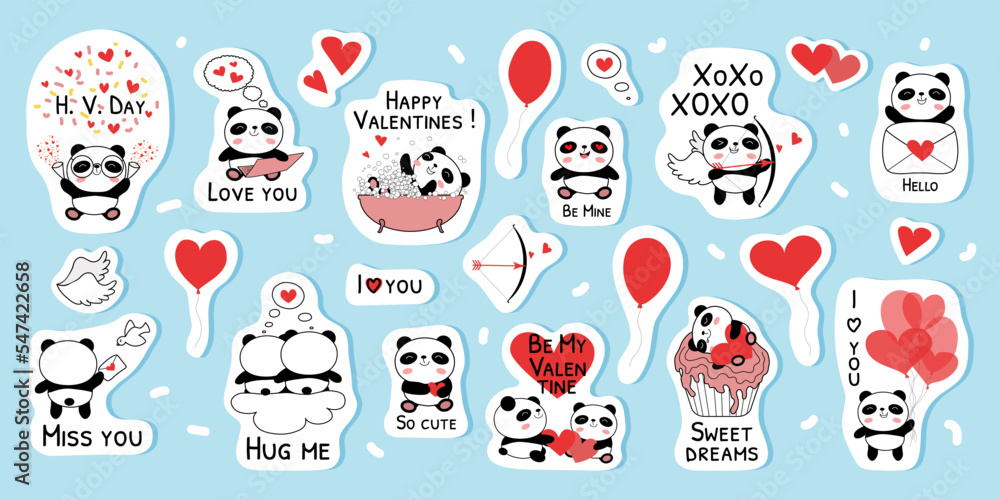 Baby panda stickers for valentines day vector illustration. Cute ...