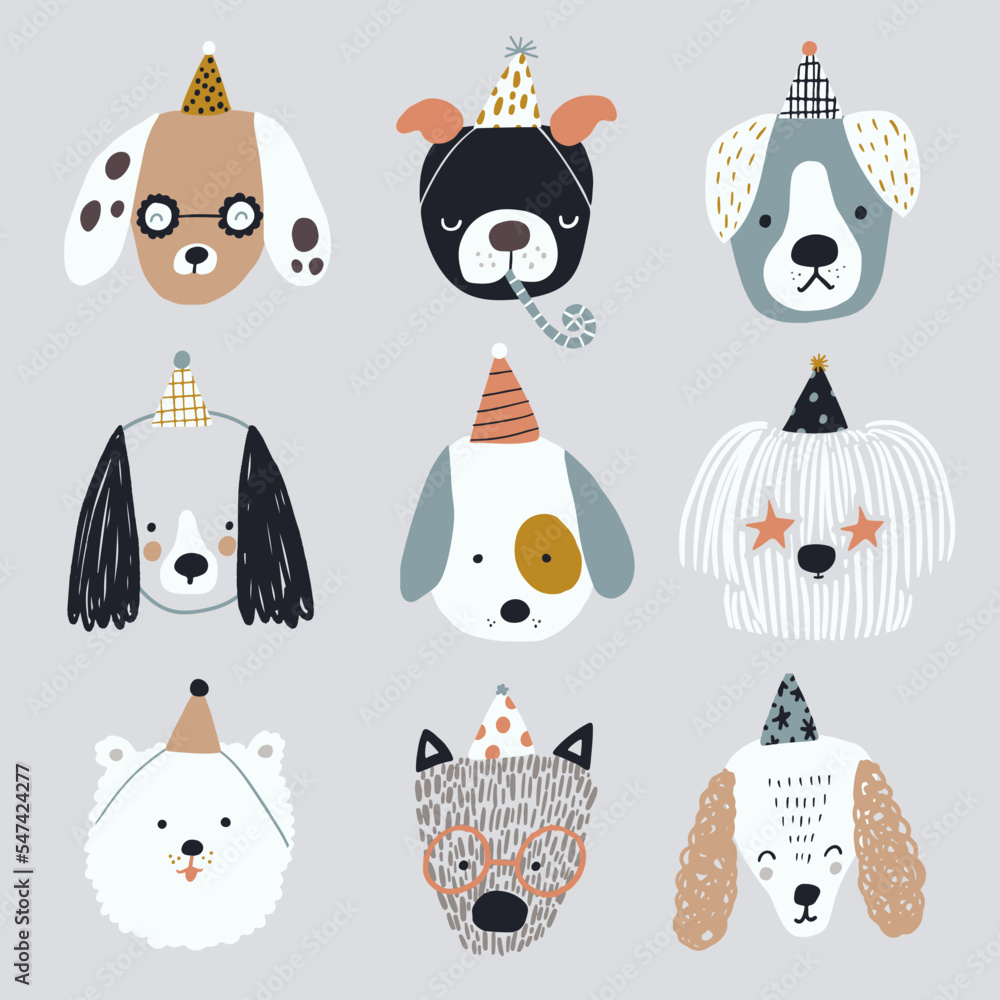 Cartoon collection of dog faces childish print. Funny hand drawn ...