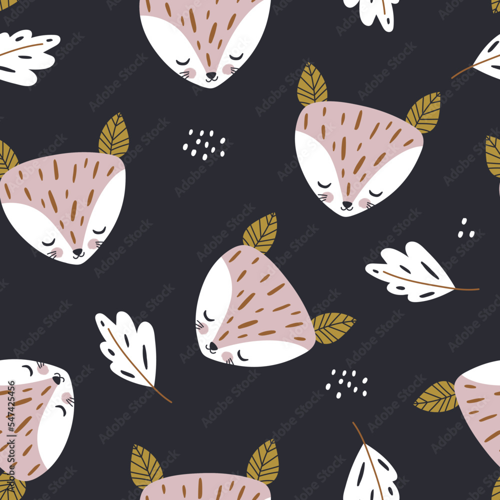 Childish forest pattern with cute fox leaves. Woodland kids texture for ...