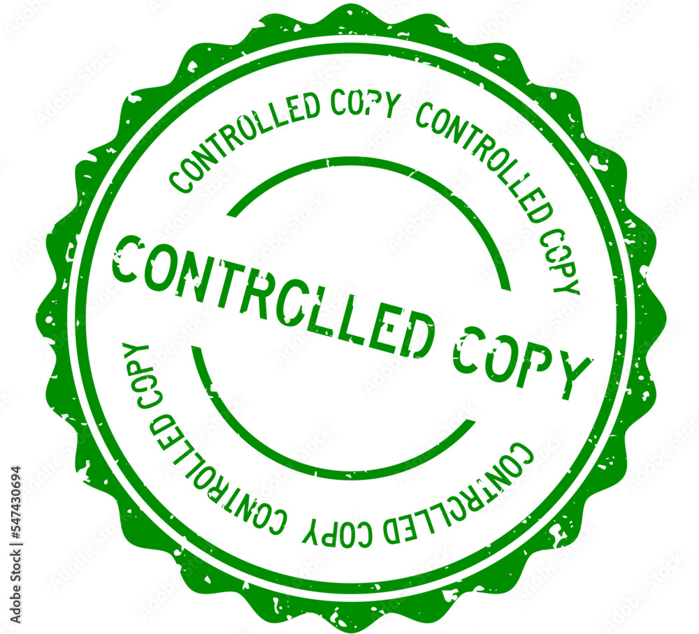 Grunge green controlled copy word round rubber seal stamp on white ...