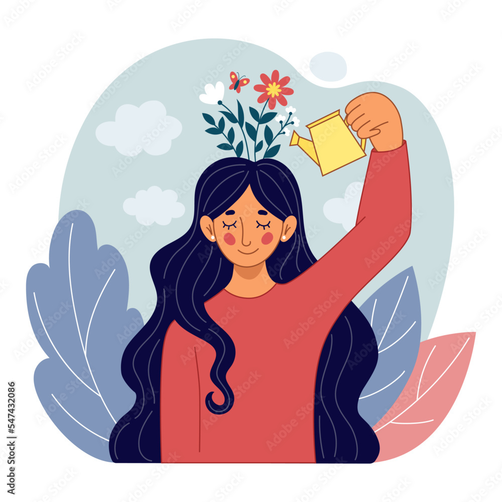 Mental health. Woman positive mind. Personal change. Growth flowers in ...