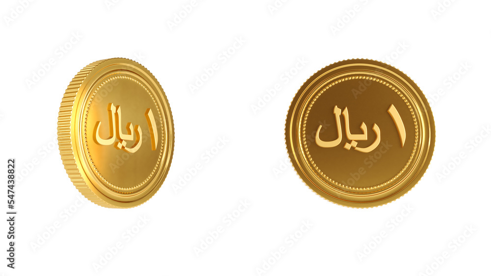 3d render of golden arabic riyal coin isolated on white background ...