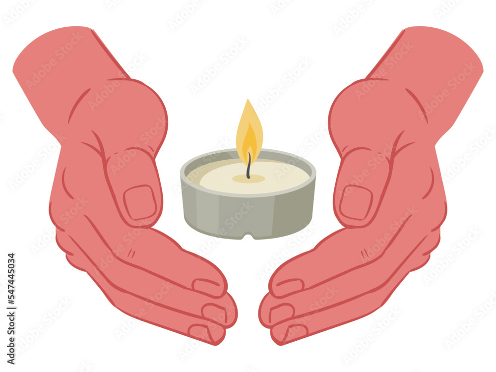 Wax candle in hands, cozy cartoon candle. Human hands holding candle ...