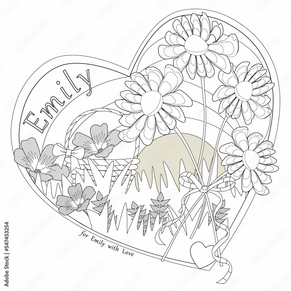 Black and white flower decoration with name Emily, heart frame ...