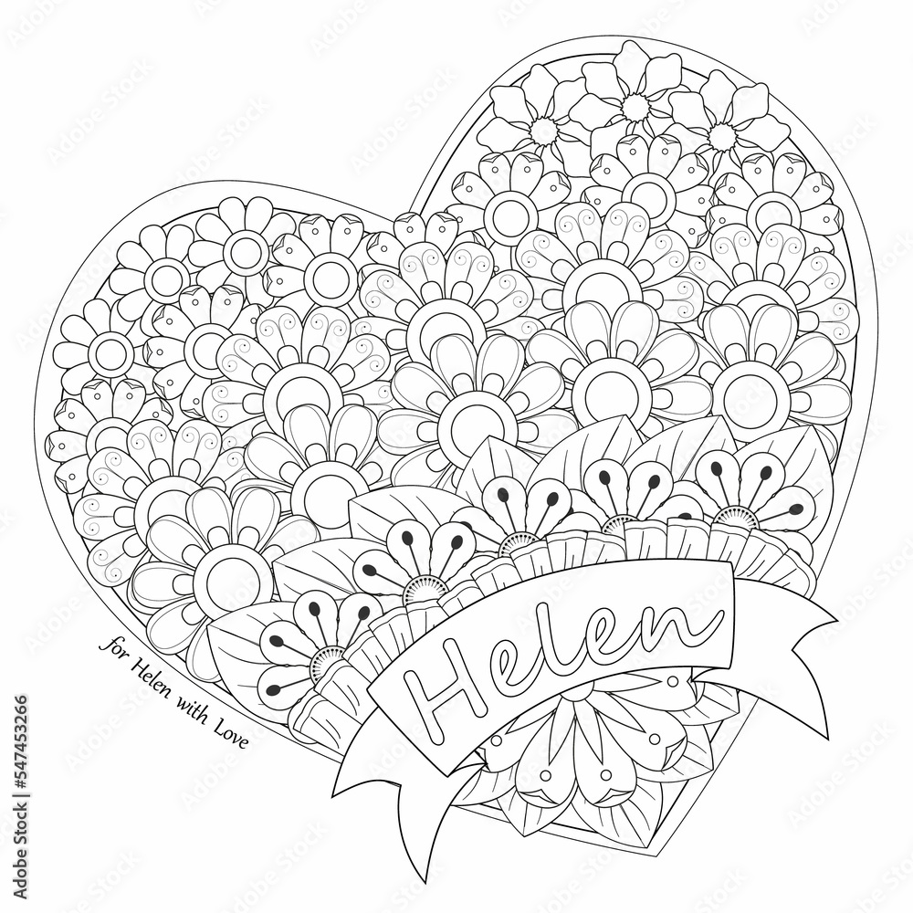 Black and white flower decoration with name Helen, heart frame ...