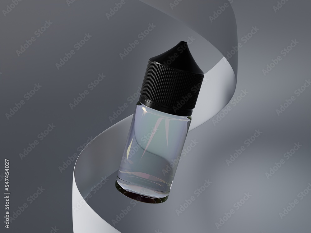 Glass bottle for smoking mixture in flight with white ribbon. Mock-up ...