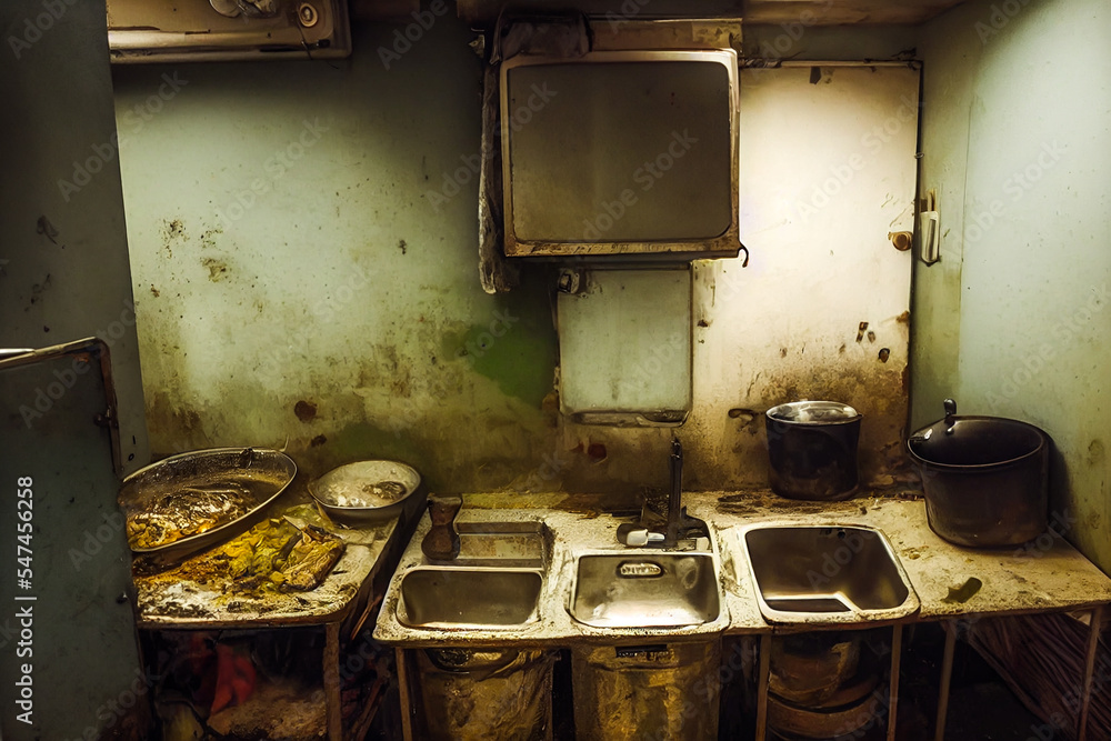 This dirty kitchen is of a terrible restaurant, with greasy walls and dirty utensils. It makes ...
