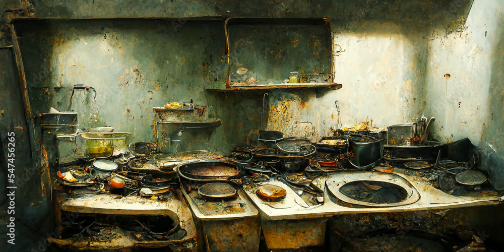 This dirty kitchen is a sight to behold. It's full of garbage and ...