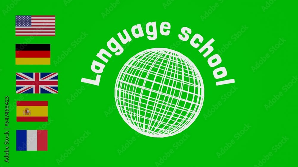 Language school, animated white globe logo with circular inscription ...