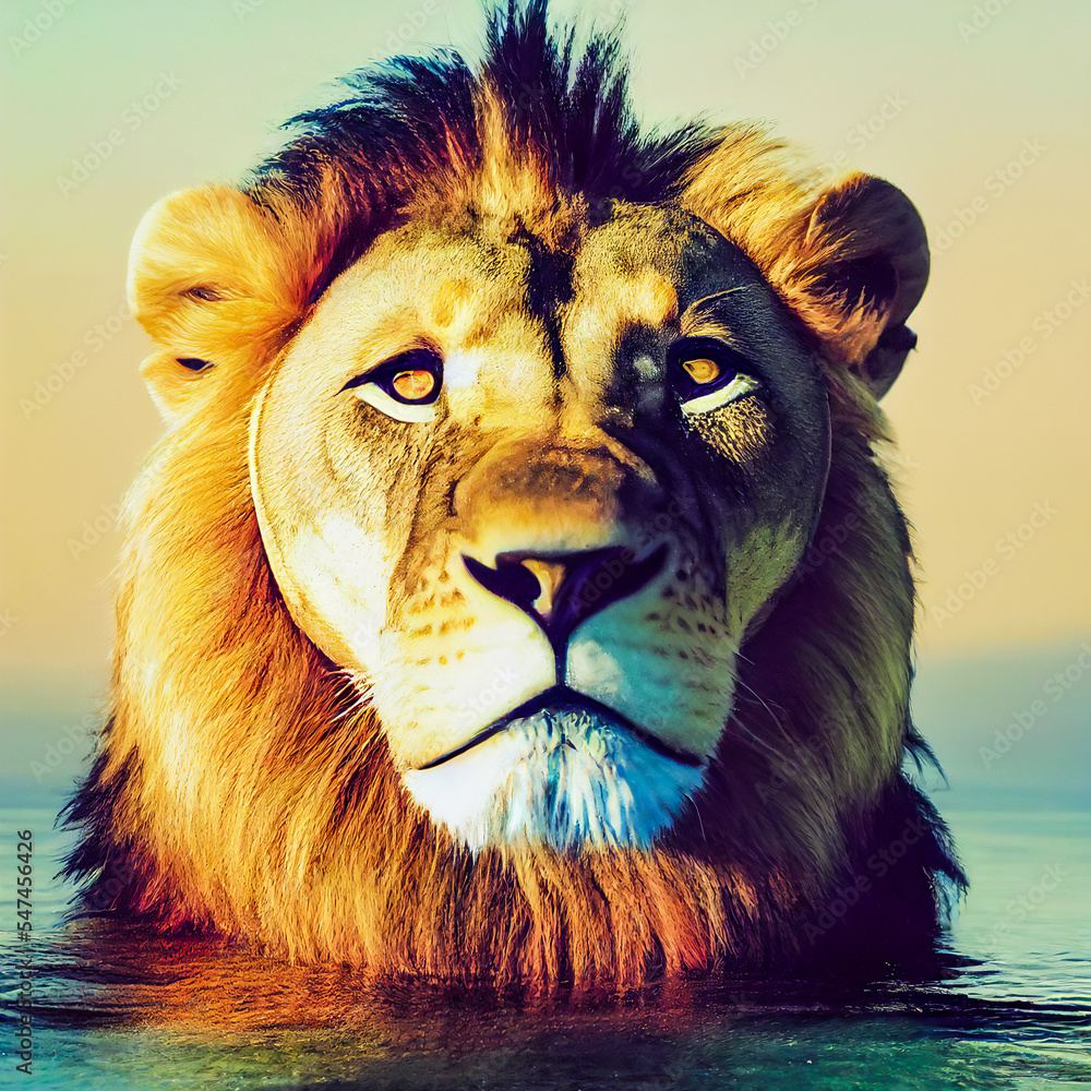 Lion swimming and advancing in the water, from the front, with a ...