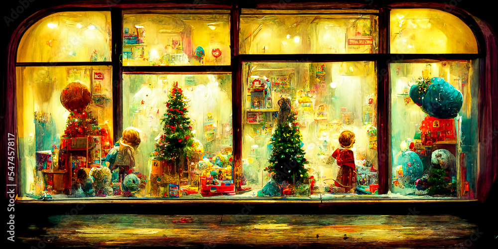 A brightly decorated Christmas toy store window is a delight to view ...