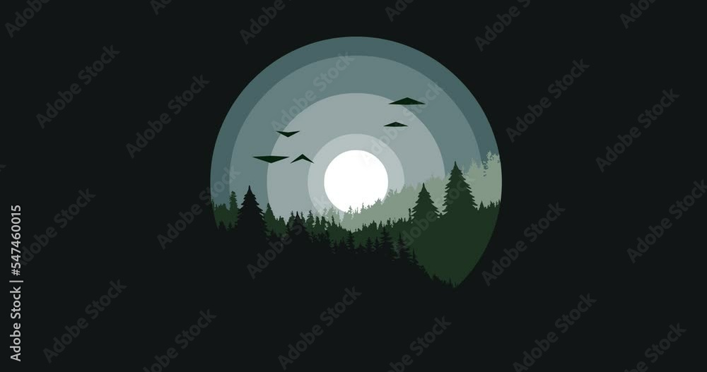 Animated background of island circle trees and sun rays gradation of ...