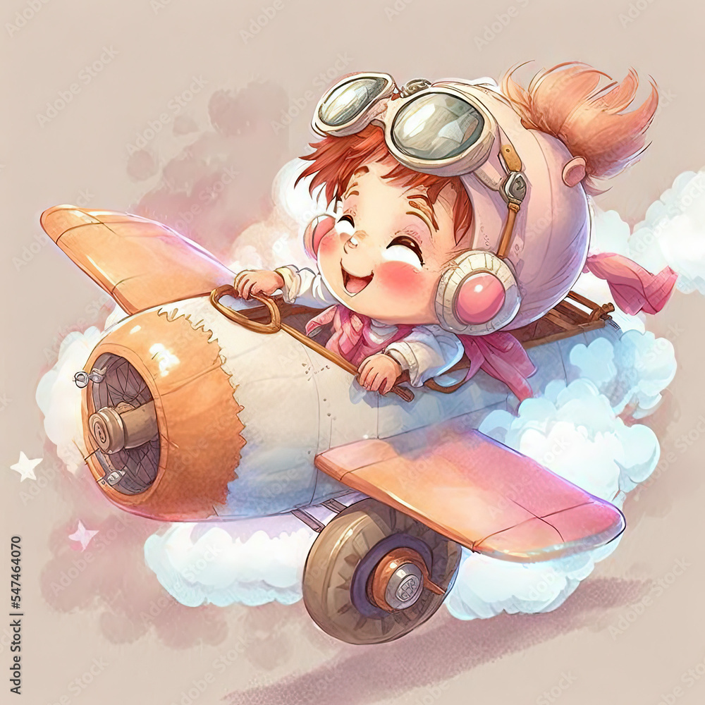 an adorable, beautiful baby airplane, adventure, art, watercolor ...