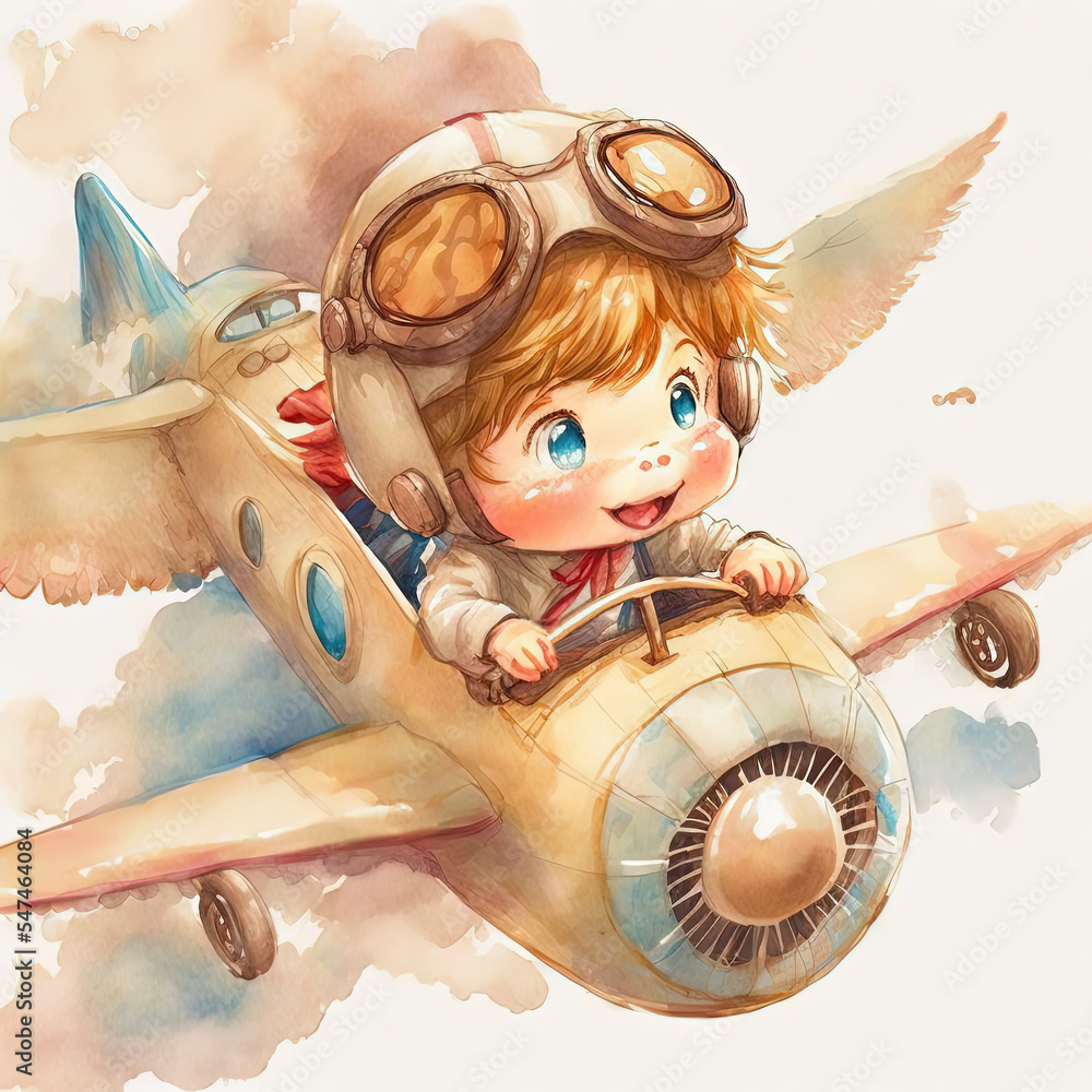 an adorable, beautiful baby airplane, adventure, art, watercolor ...