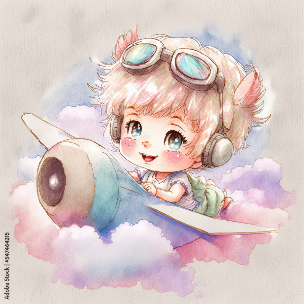 an adorable, beautiful baby airplane, adventure, art, watercolor ...