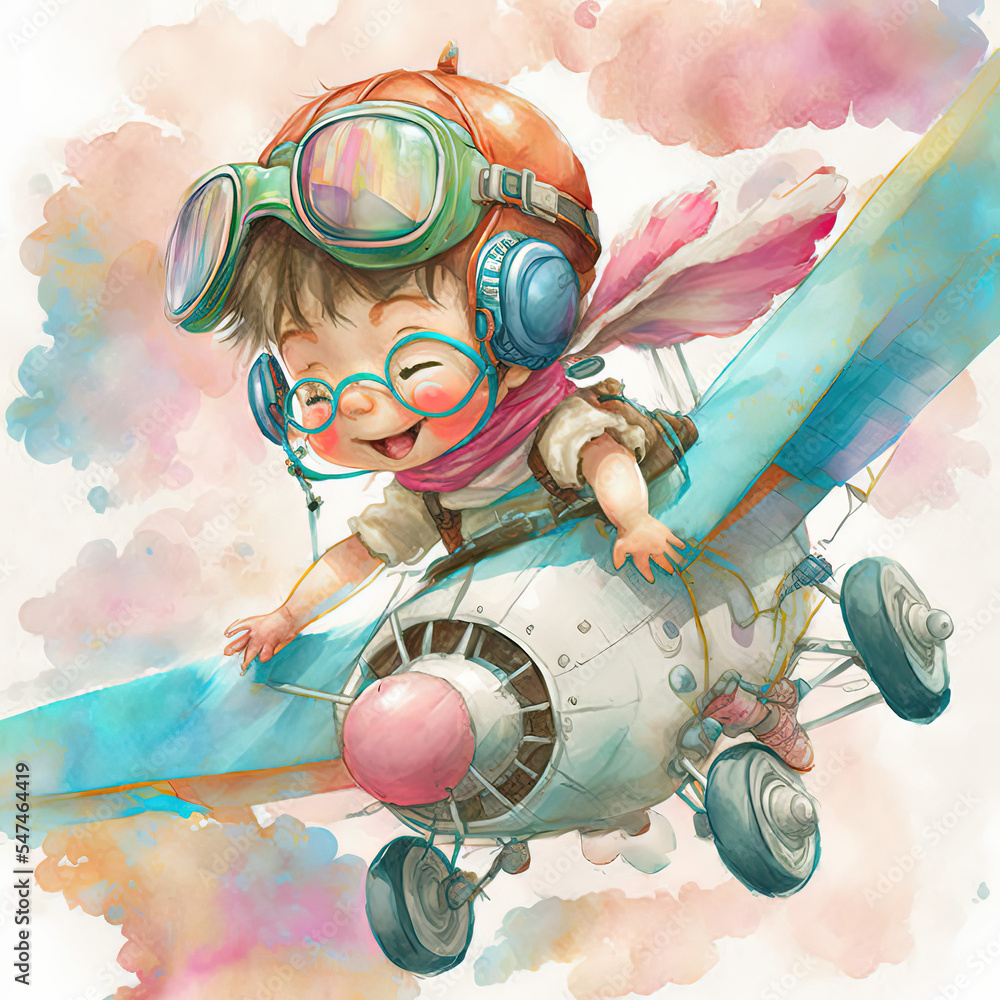 an adorable, beautiful baby airplane, adventure, art, watercolor ...