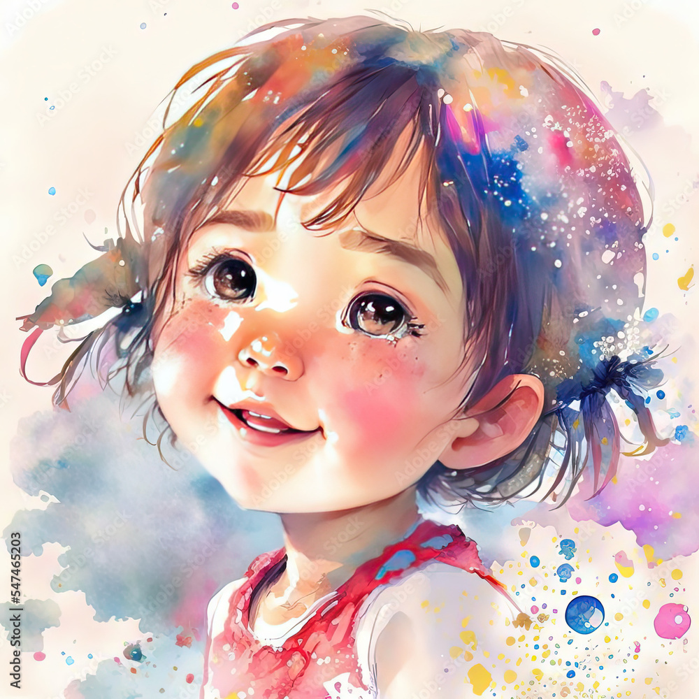 Adorable little girl, watercolor, vector, splash of color, animated ...