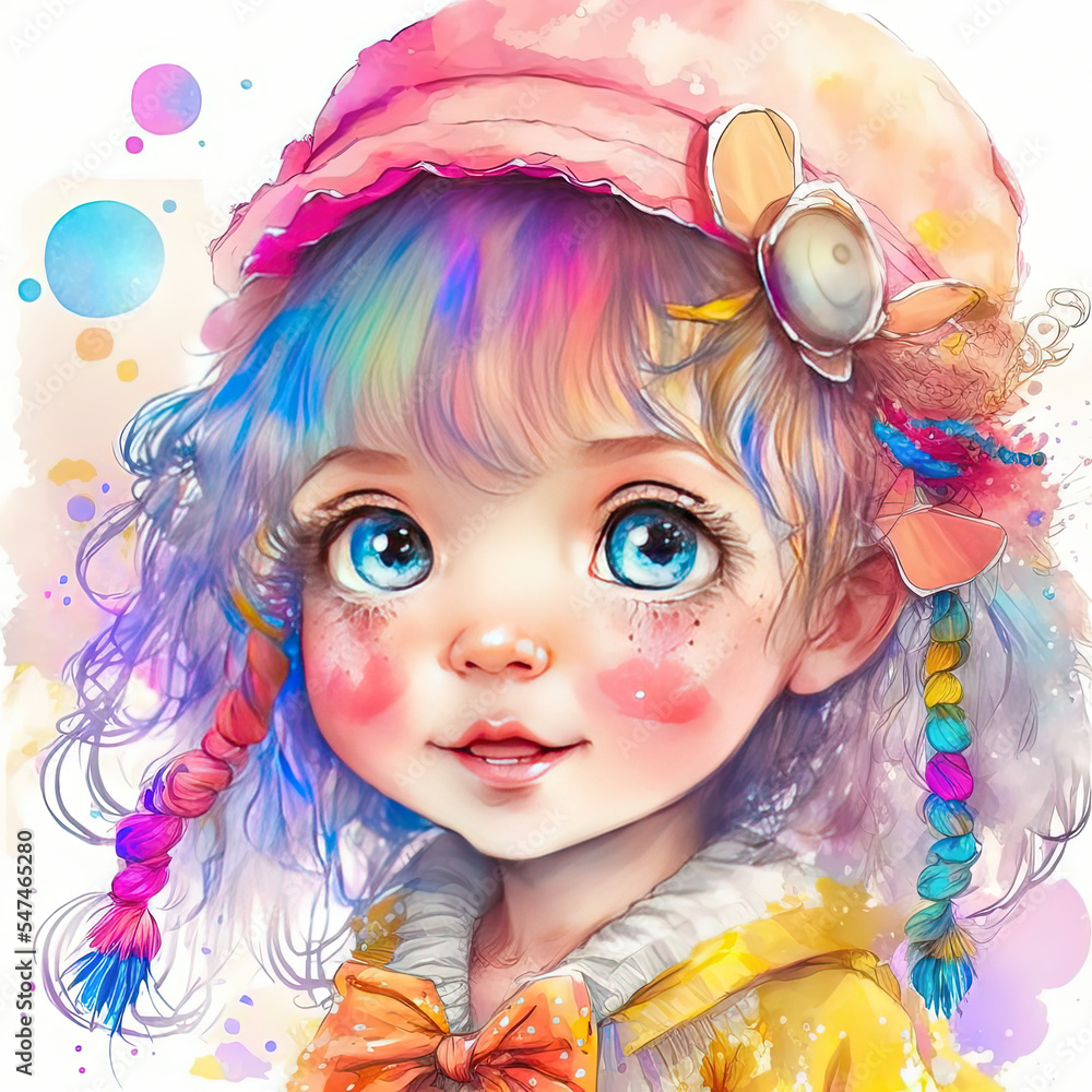 Adorable little girl, watercolor, vector, splash of color, rainbow ...