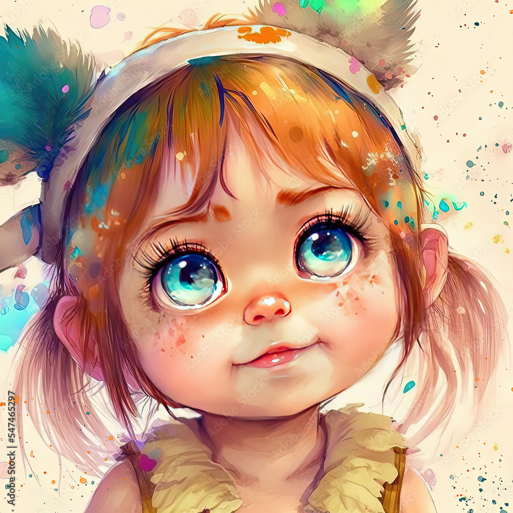 Adorable little girl, watercolor, vector, splash of color, animated ...