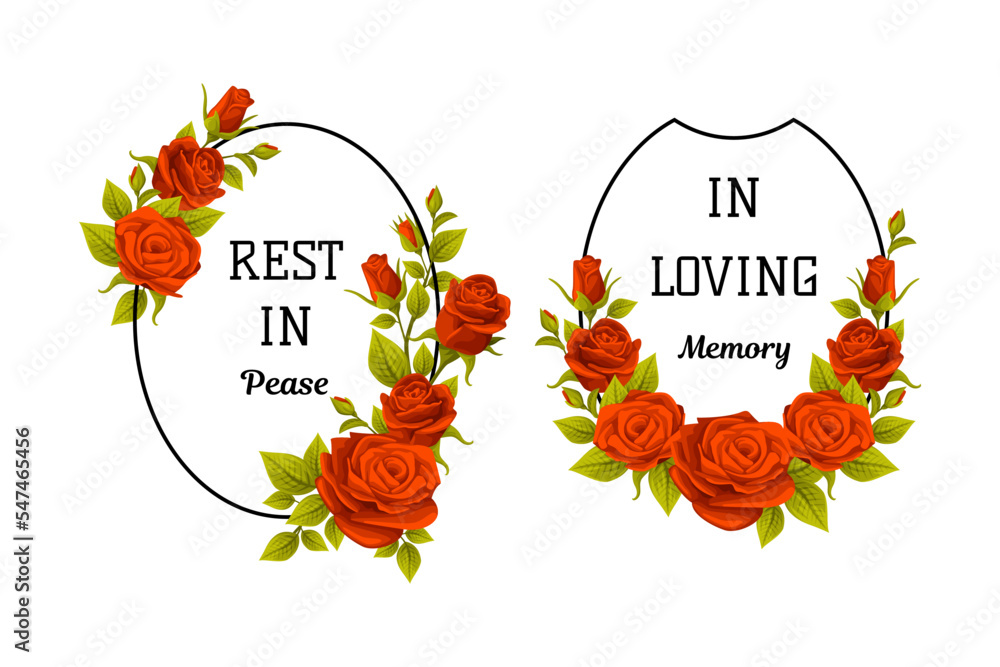 Funeral Red Rose Frame with Quote and Inscription Vector Set Stock ...