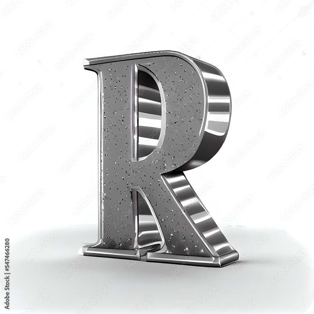 Shiny metallic lowercase or small letter R in a 3D illustration with a ...