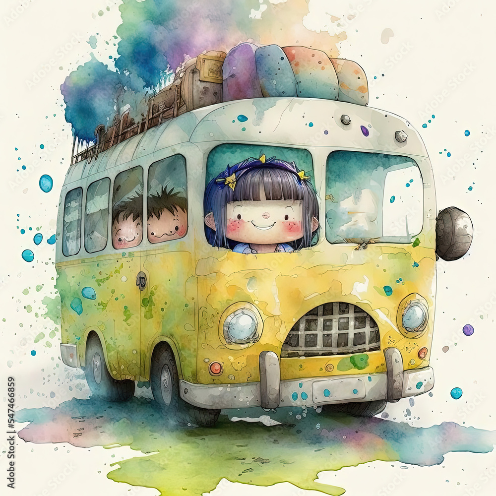watercolor school bus digital art, little kids, gender neutral, nursery ...