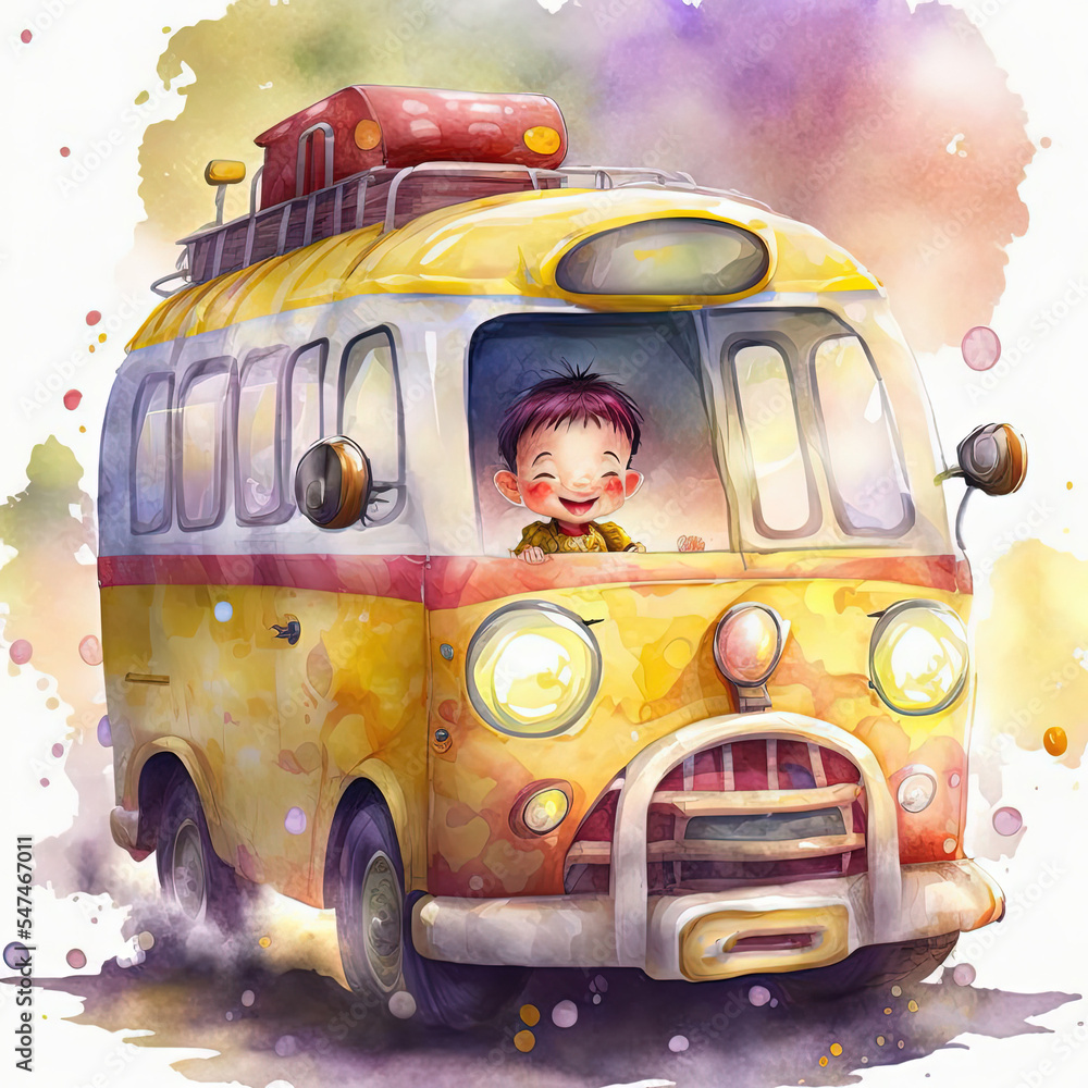 watercolor school bus digital art, little kids, gender neutral, nursery ...